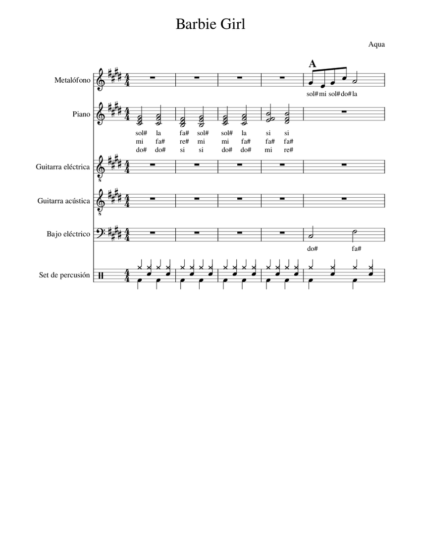 Barbie girl – Aqua Sheet music for Piano, Glockenspiel, Guitar, Bass ...
