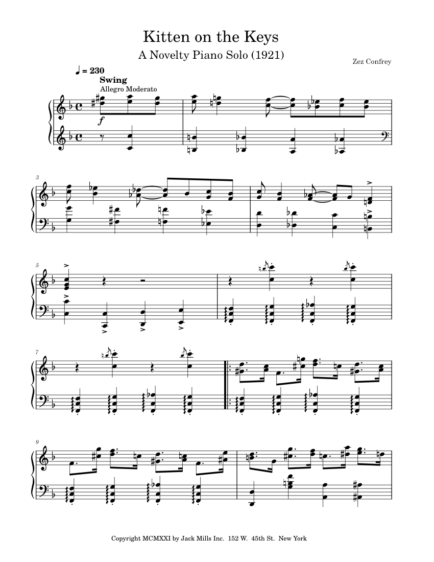 Kitten on the Keys by Zez Confrey (1921) Sheet Music for Piano (Solo ...