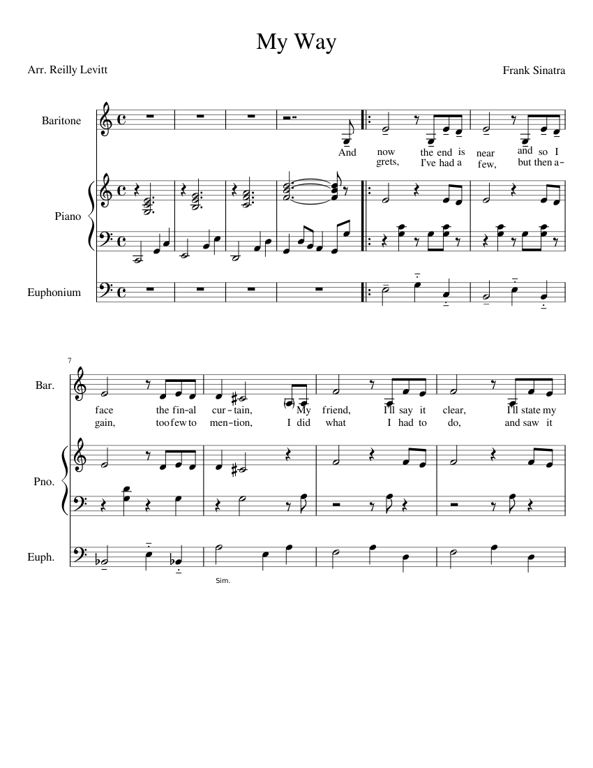 My Way Trio Sheet Music for Piano, Euphonium, Baritone (Mixed Trio ...