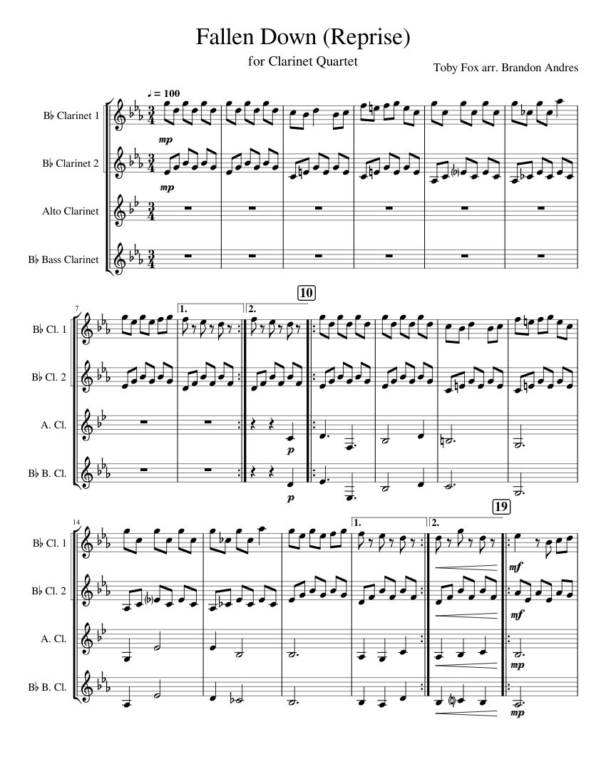 Fallen Down Reprise Sheet music for Clarinet in b-flat, Clarinet bass ...