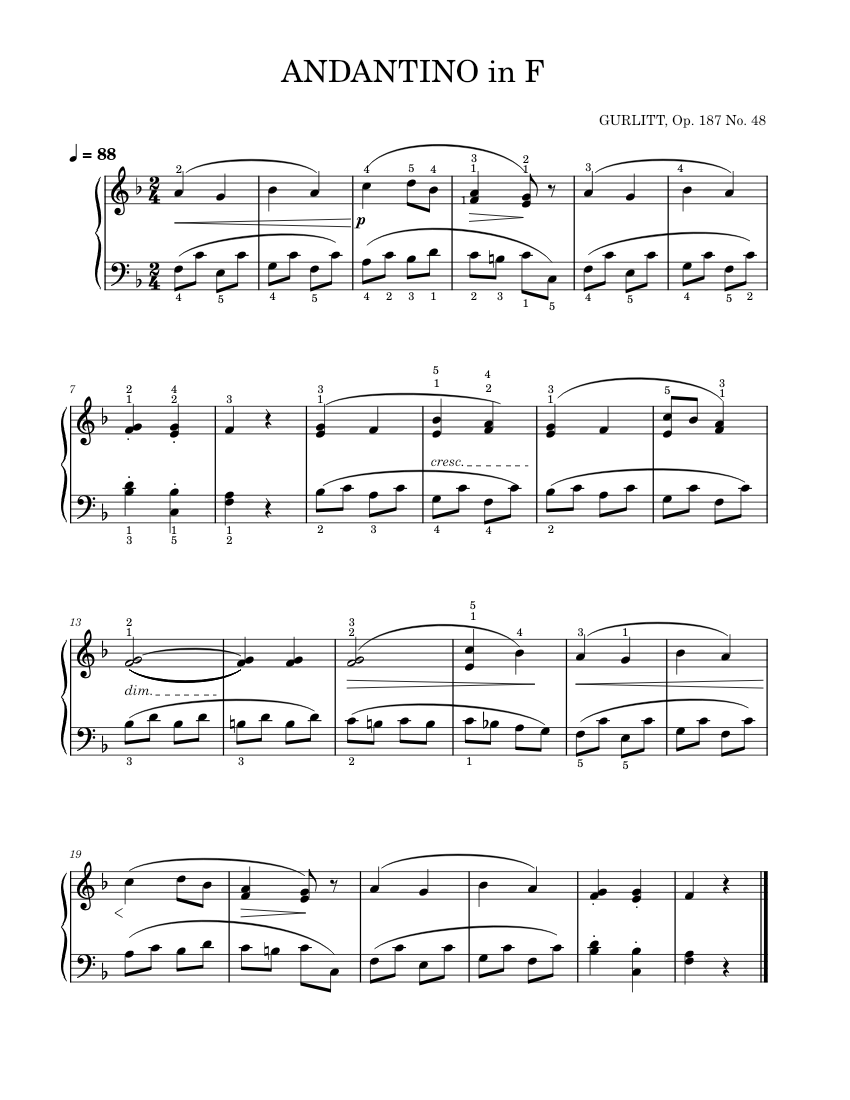 54 Kleine melodische Etüden für Anfänger, Op.187 – Cornelius Gurlitt Andantino in F Sheet music ...