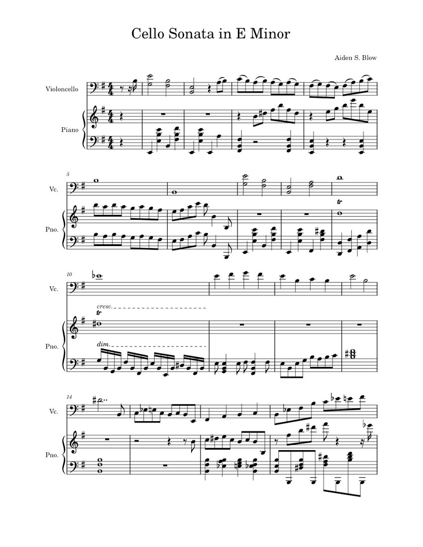 Cello Sonata in E Minor (Original Composition) Sheet music for Piano ...