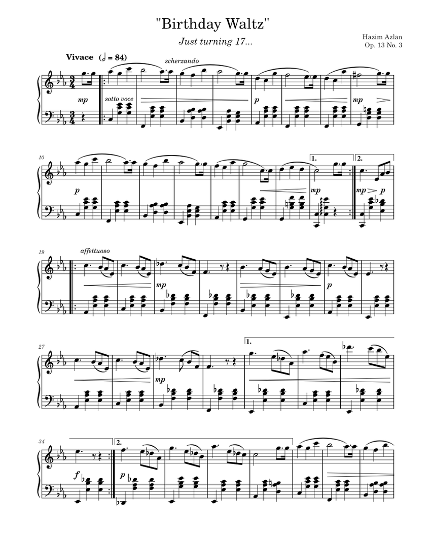 "Birthday Waltz" Op. 13 No. 3 Sheet Music for Piano (Solo) easy ...