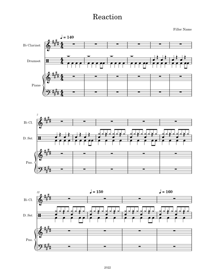 Reaction - Filler Name Sheet music for Piano, Clarinet in b-flat, Drum ...