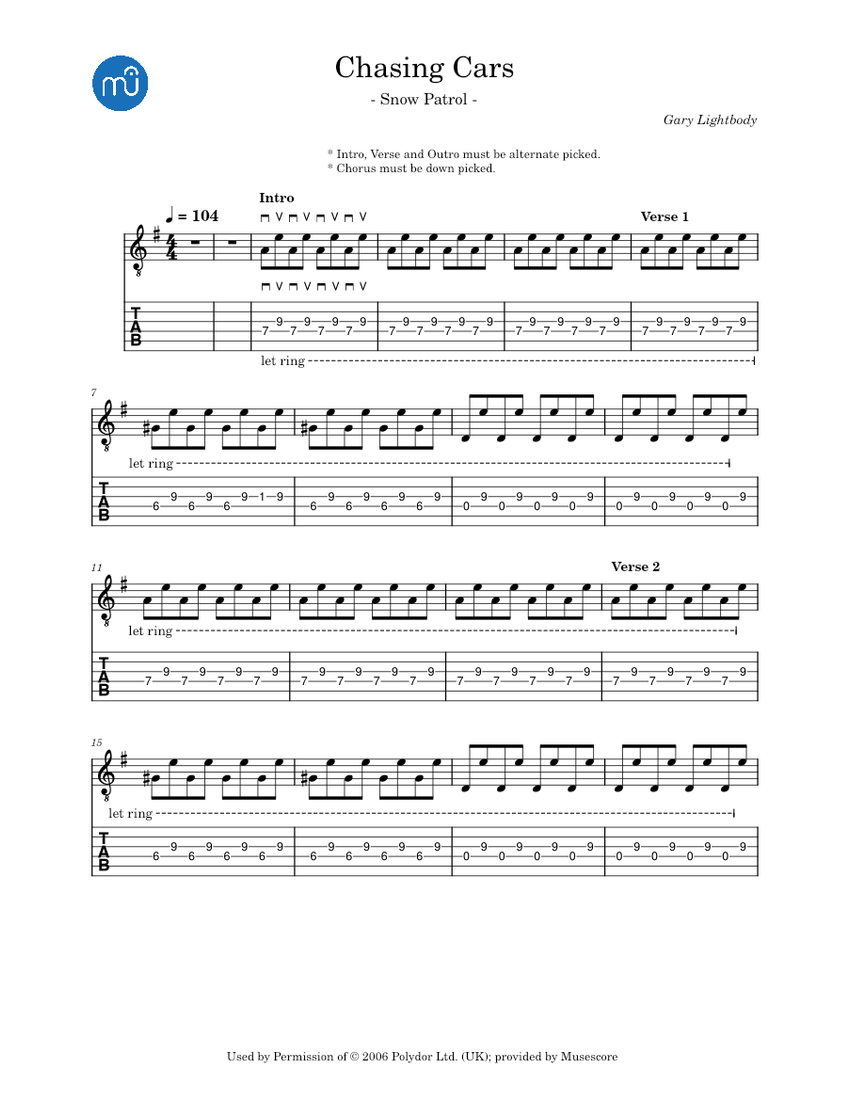 Chasing Cars Sheet Music and Tab for Guitar (Solo) | MuseScore.com