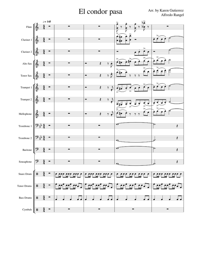 El Condor Pasa Sheet Music for Trombone, Mellophone, Flute, Clarinet in ...