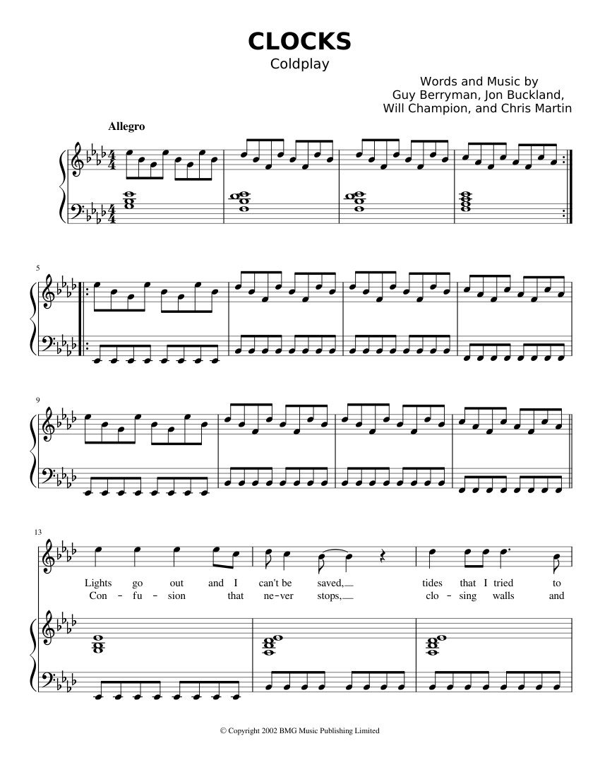 Clocks - Coldplay Sheet Music for Piano, Vocals (Piano-Voice ...
