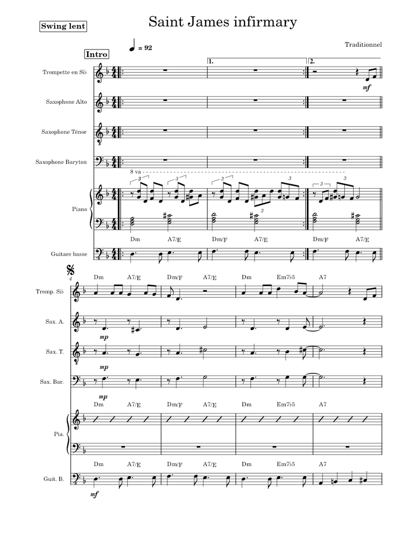 Saint James infirmary * Sheet music for Piano, Saxophone alto, Saxophone tenor, Saxophone ...