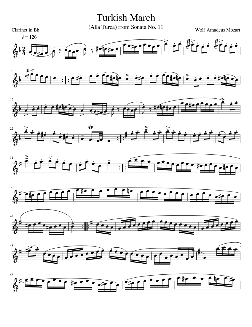 Turkish March Sheet Music for Clarinet in b-flat (Solo) | MuseScore.com