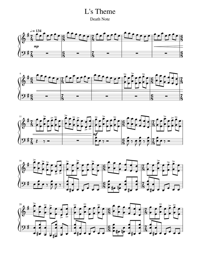 L's Theme Sheet Music for Piano (Solo) | MuseScore.com