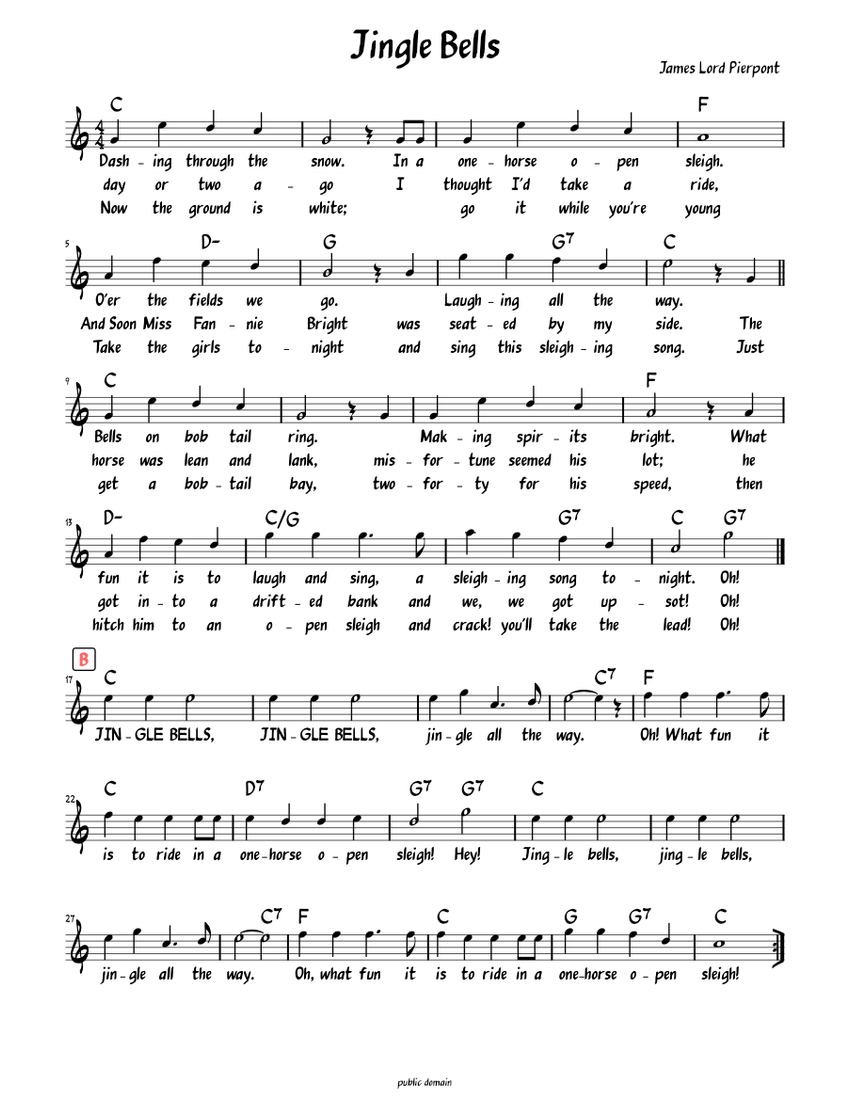 Jingle Bells (Lead sheet with lyrics ) Sheet Music with Chords for ...