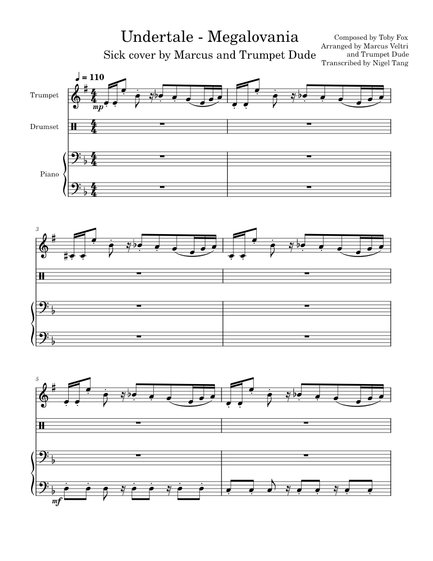 Undertale - Megalovania Sheet music for Piano, Drum group, Trumpet ...