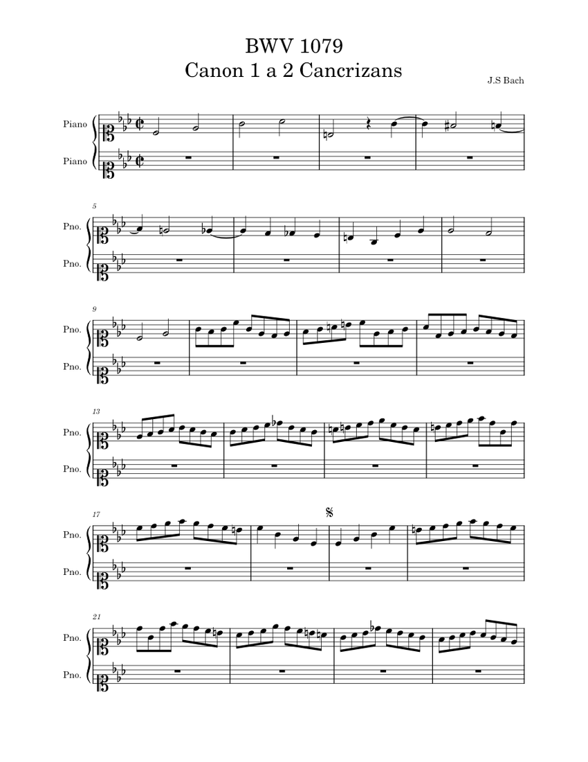 Canon a 2 – Johann Sebastian Bach Sheet Music for Piano (Solo ...