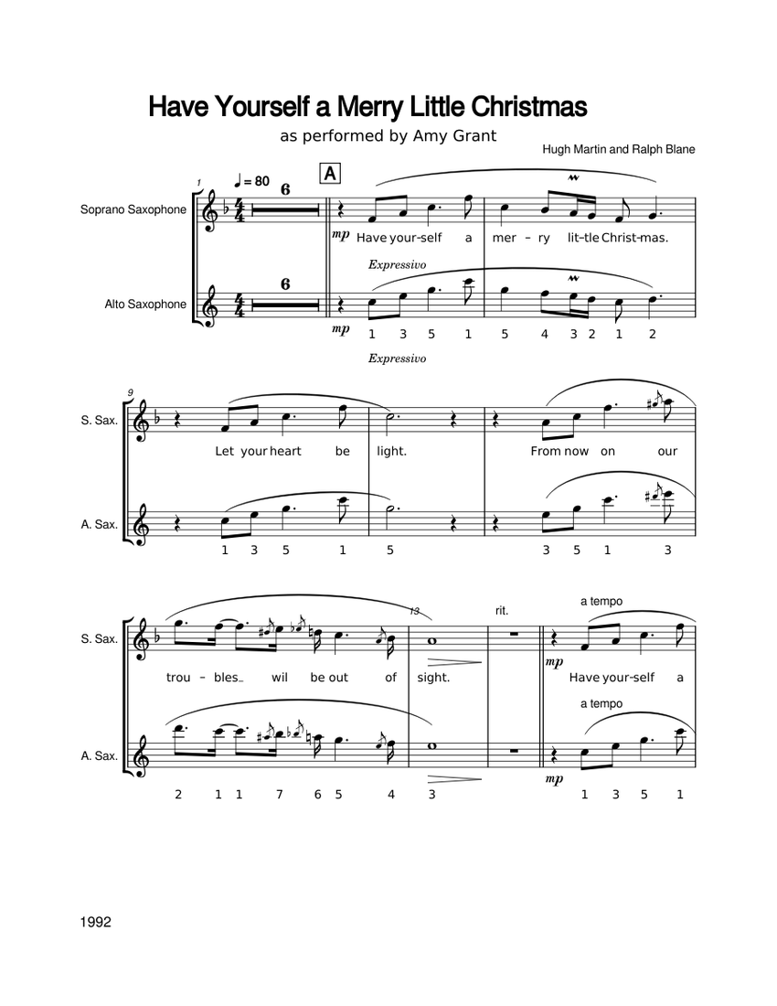 Have yourself a merry little christmas – Judy Garland (Sax Duet) Sheet ...