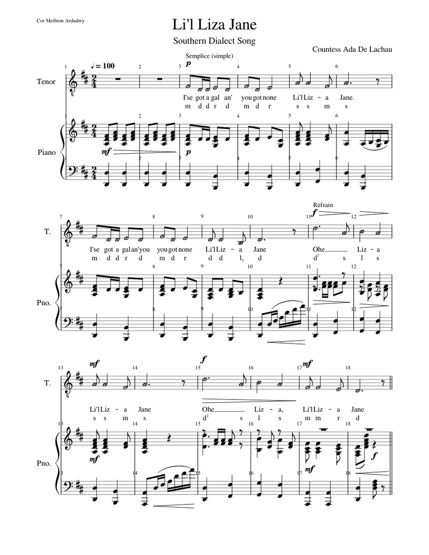 Li'l_Liza_Jane Sheet music for Piano, Tenor (Piano-Voice) | Musescore.com