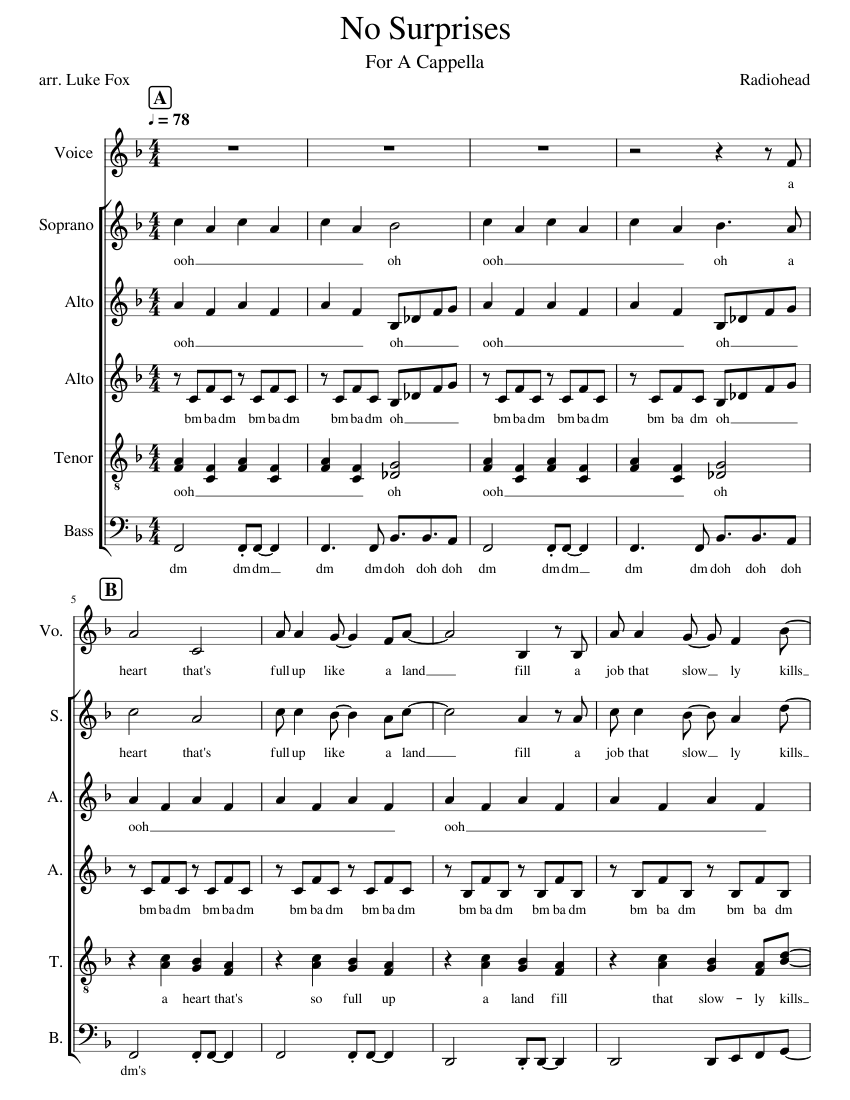 No Surprises by Radiohead Sheet Music for Soprano, Alto, Tenor, Bass ...