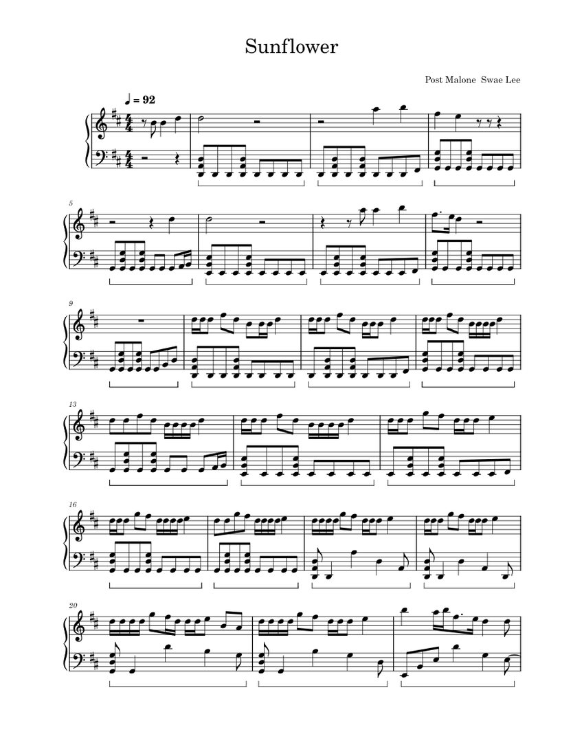 Sunflower – Post Malone Sheet Music for Piano (Solo) | MuseScore.com