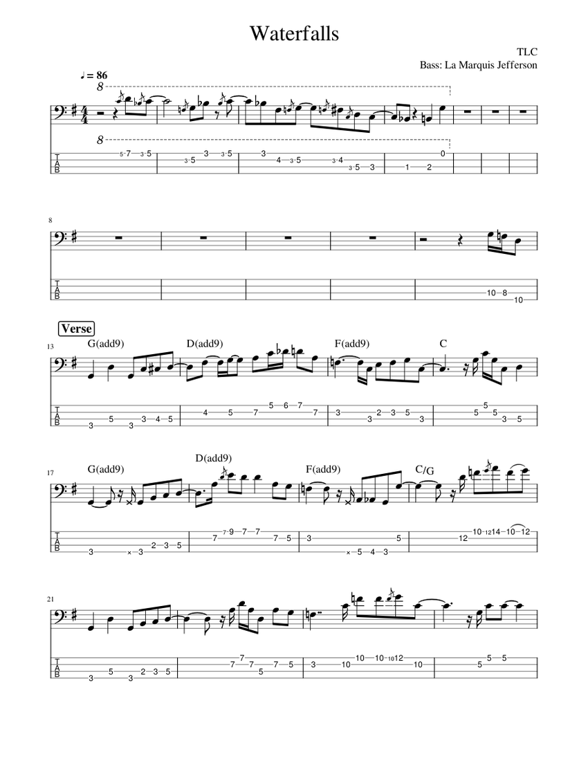 Waterfalls - TLC Sheet music for Bass guitar (Solo) | Musescore.com