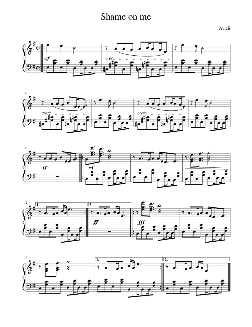 Avicii - Shame on me Sheet Music for Piano (Solo) | MuseScore.com