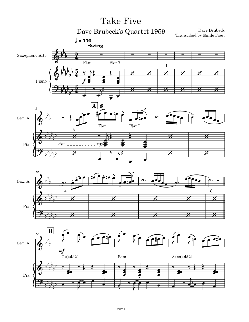 Take Five – The Dave Brubeck Quartet Sheet music for Piano, Saxophone ...