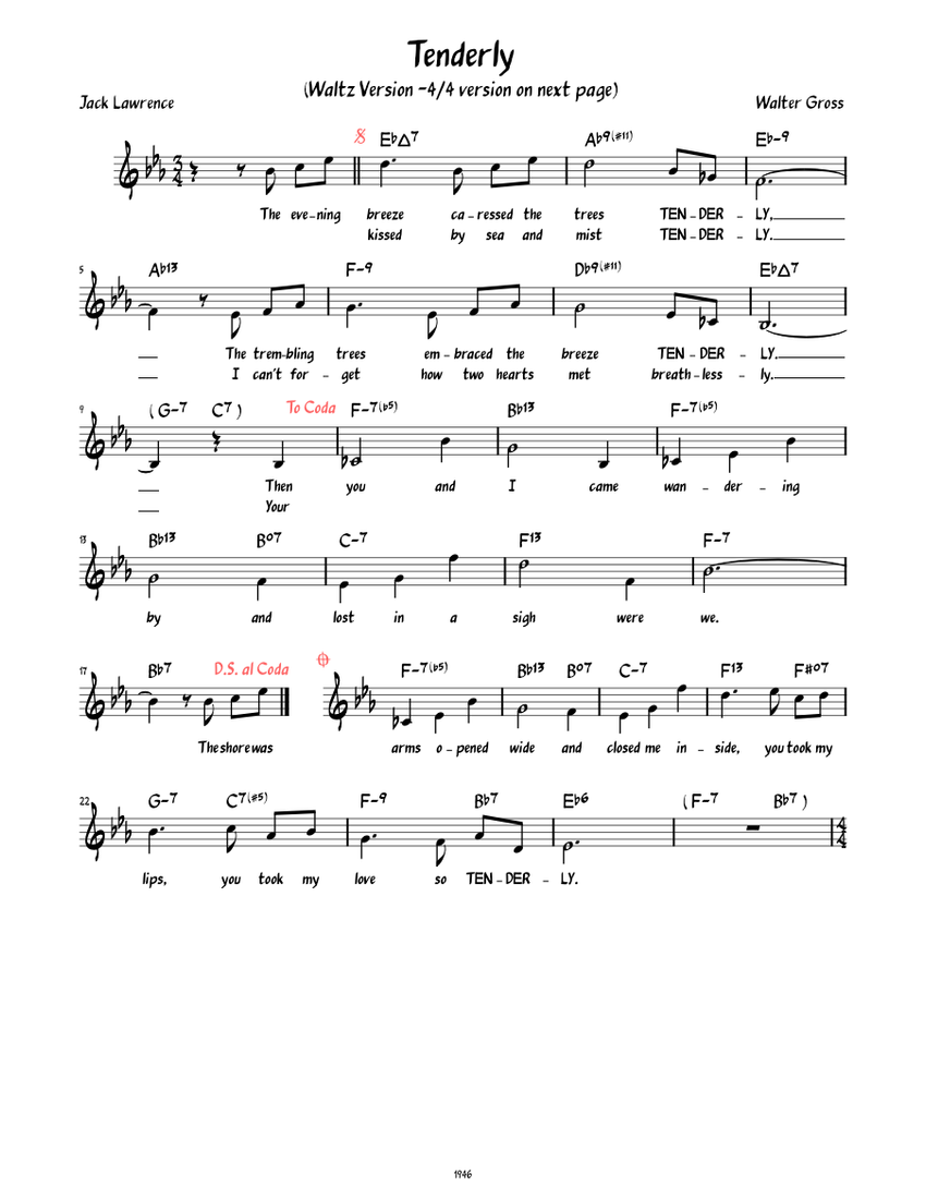 Tenderly (Waltz Version) (Lead sheet with lyrics) includes 3/4 and 4/4 ...