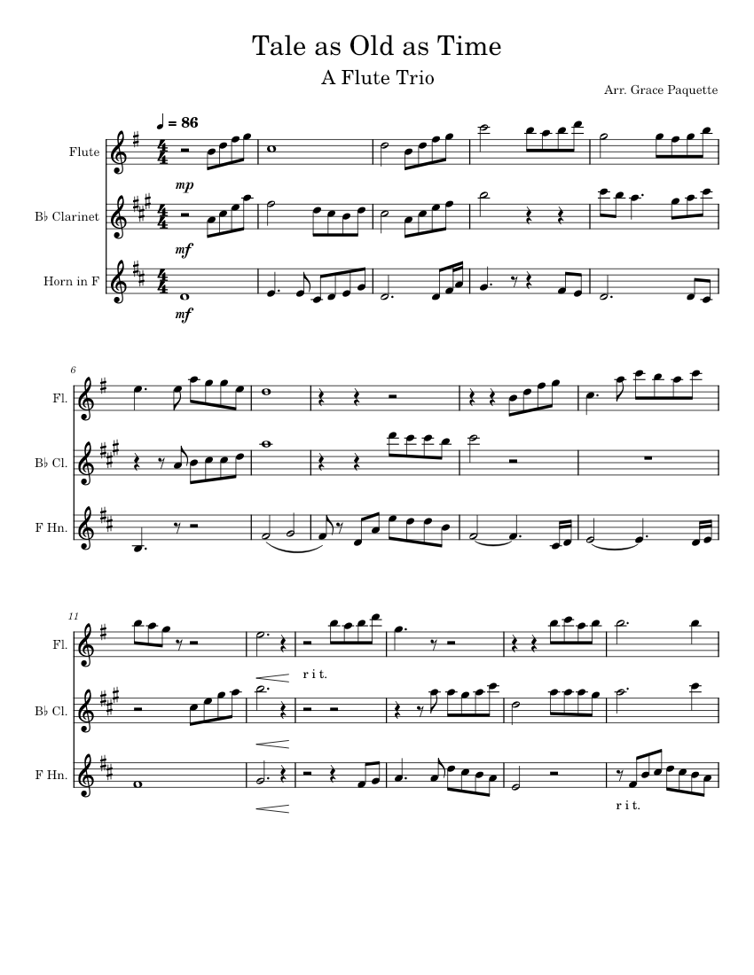 Tale_As_Old_As_Time Sheet music for Flute, Clarinet in b-flat, French ...