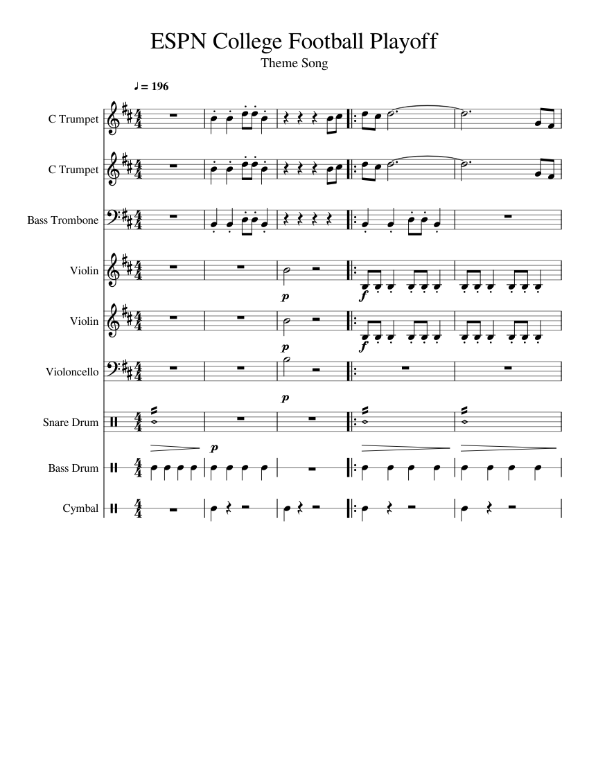 ESPN College Football Playoff Sheet Music for Trombone bass, Snare drum ...