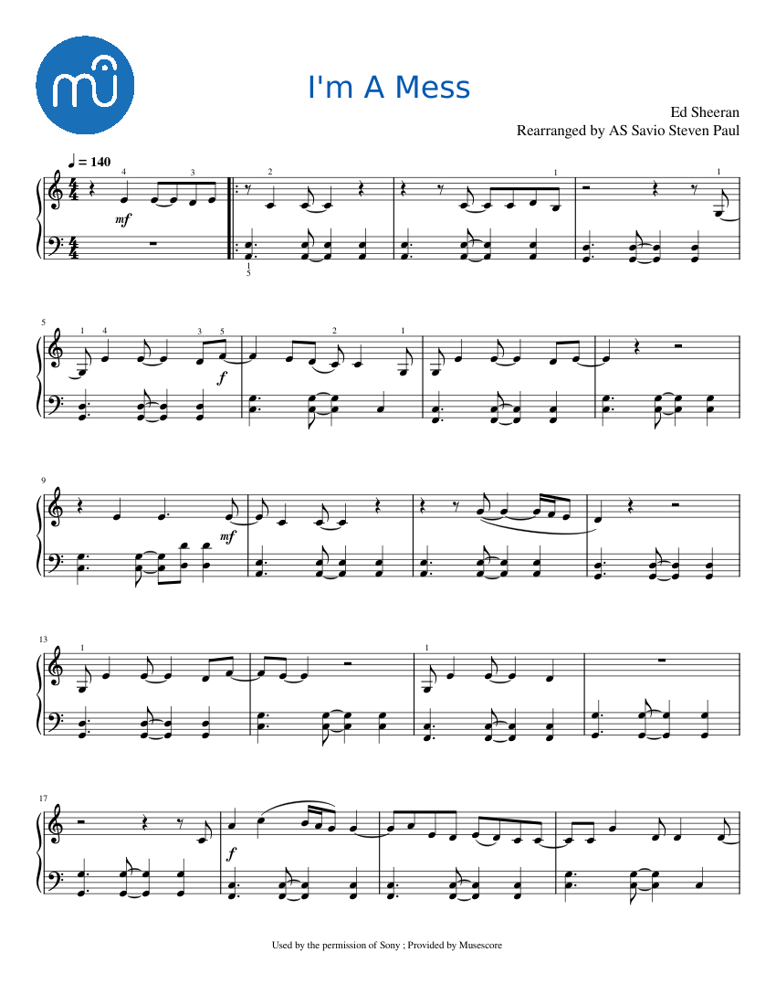 Im a mess – Ed Sheeran Sheet Music for Piano (Solo) Easy | MuseScore.com
