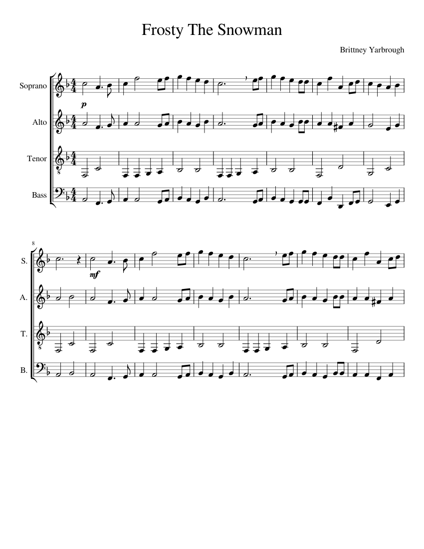 Frosty The Snowman Sheet music for Soprano, Alto, Tenor, Bass voice ...