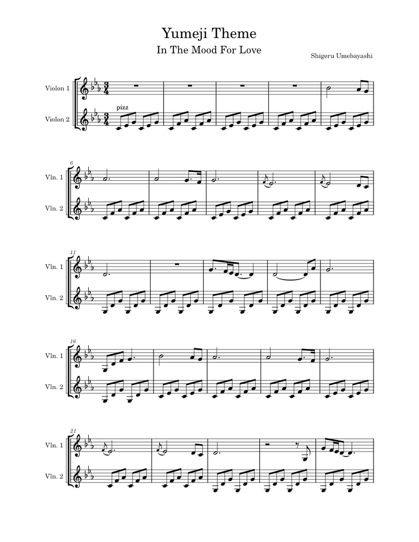 Yumejis Theme – Shigeru Umebayashi Sheet music for Violin (String Duet) | Musescore.com