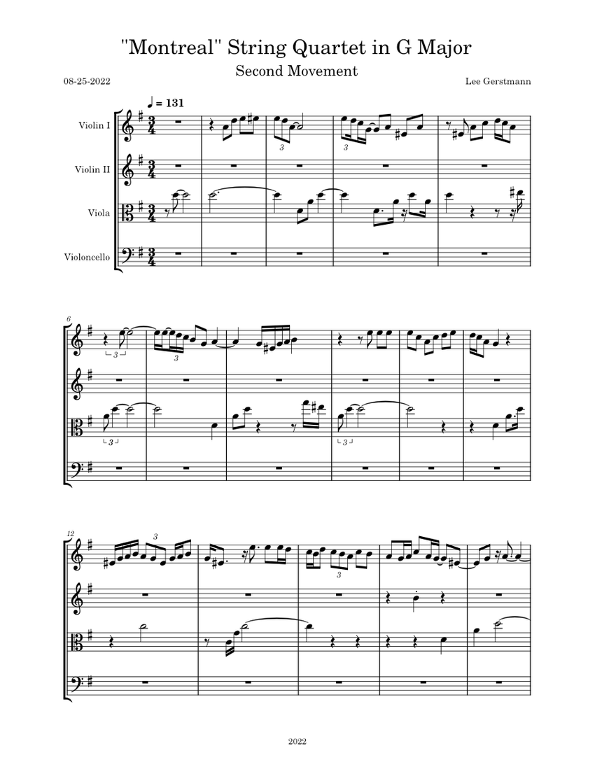 Montreal String Quartet Second Movement Sheet Music for Violin, Viola, Cello (String Quartet ...