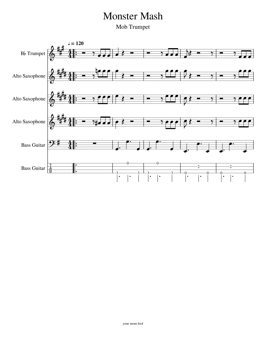 Monster Mash Score Sheet Music and Tab for Saxophone alto, Trumpet in b ...