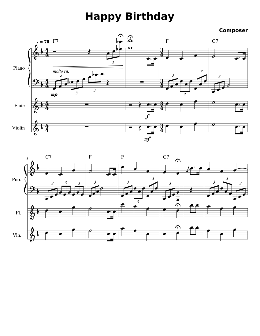 Happy Birthday Sheet Music with Chords for Piano, Flute, Violin (Mixed ...