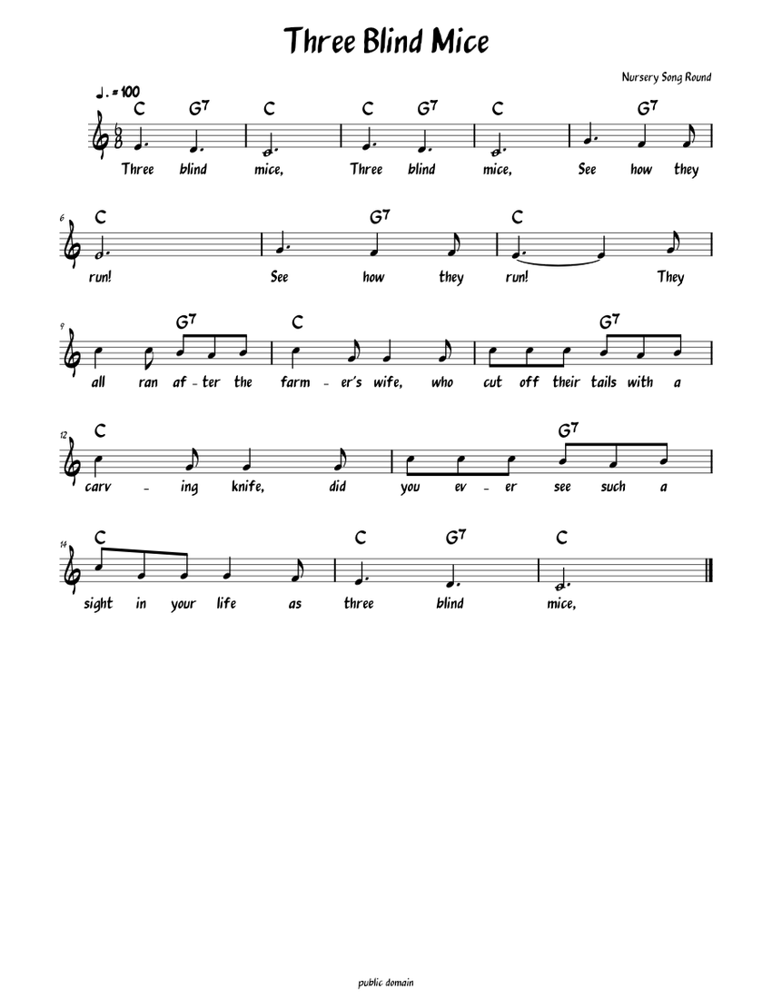 Three Blind Mice (Lead sheet with lyrics ) Sheet Music with Chords for ...