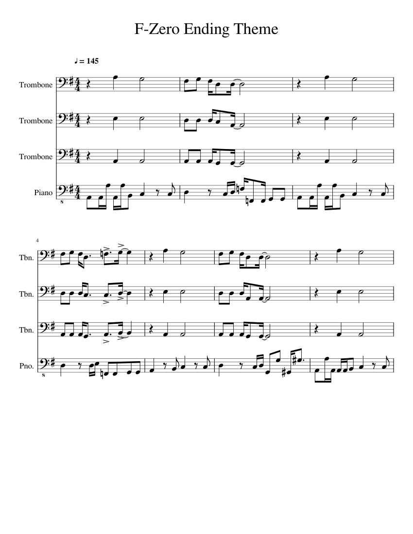 F Zero Ending Theme Sheet music for Piano, Trombone (Mixed Quartet ...