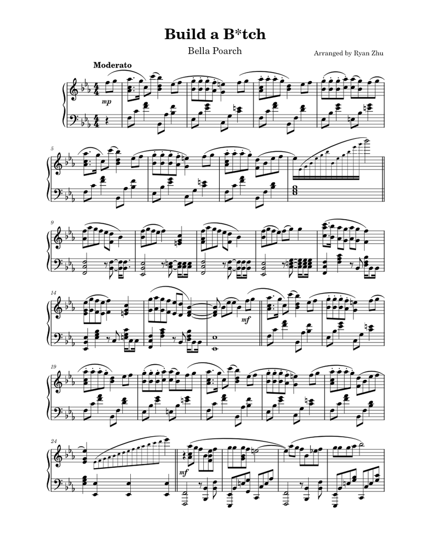 Build A B*tch - Bella Poarch | Arranged for Solo Piano Sheet Music for Piano (Solo) | MuseScore.com