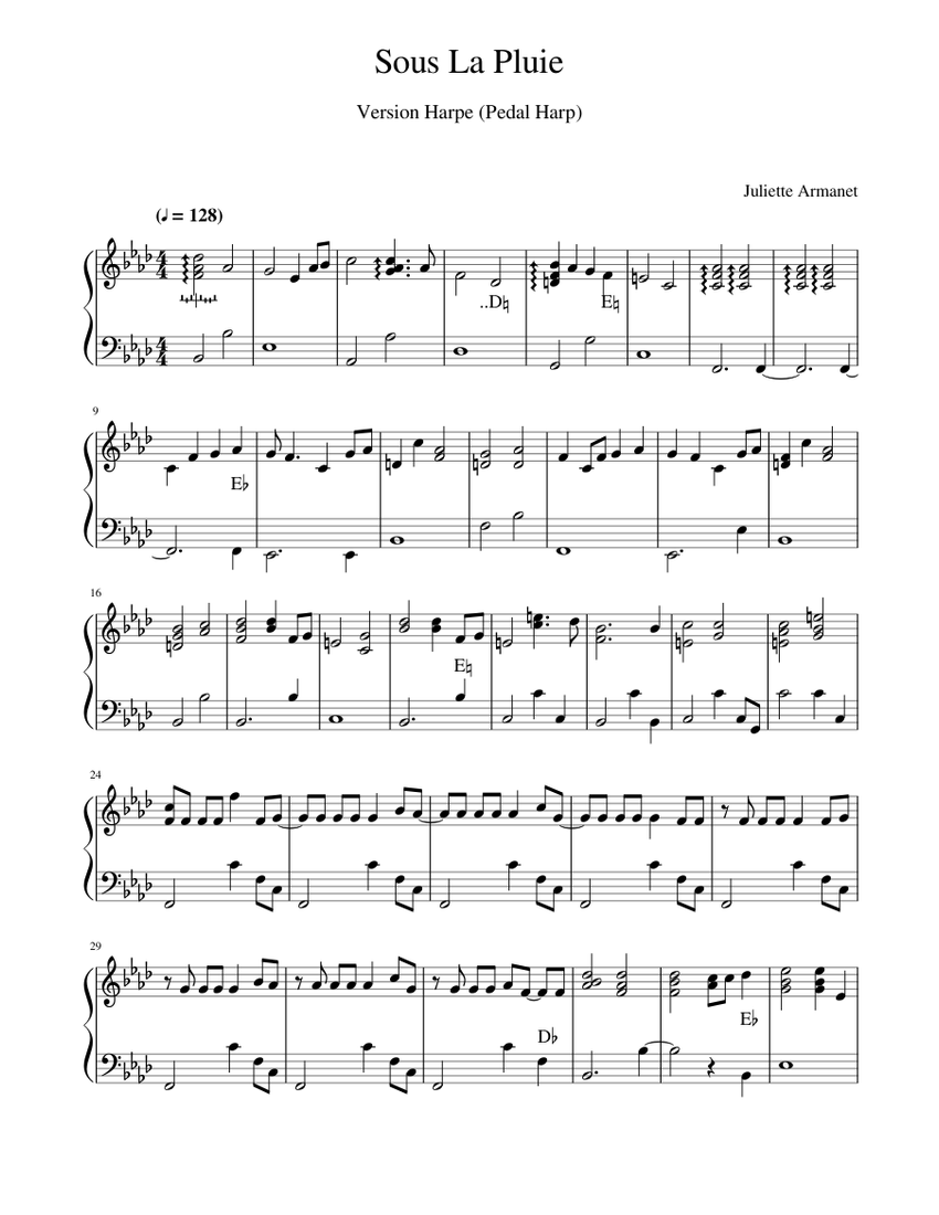 Sous la pluie – Juliette Armanet - Pedal Harp - piano tutorial