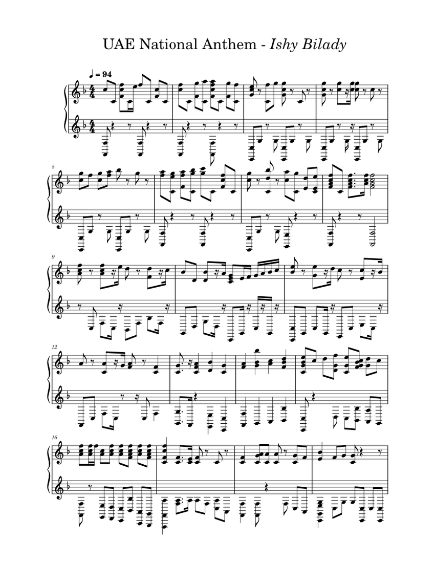 UAE National Anthem – Ishy Bilady by Mohammed Abdel Wahab Sheet Music ...