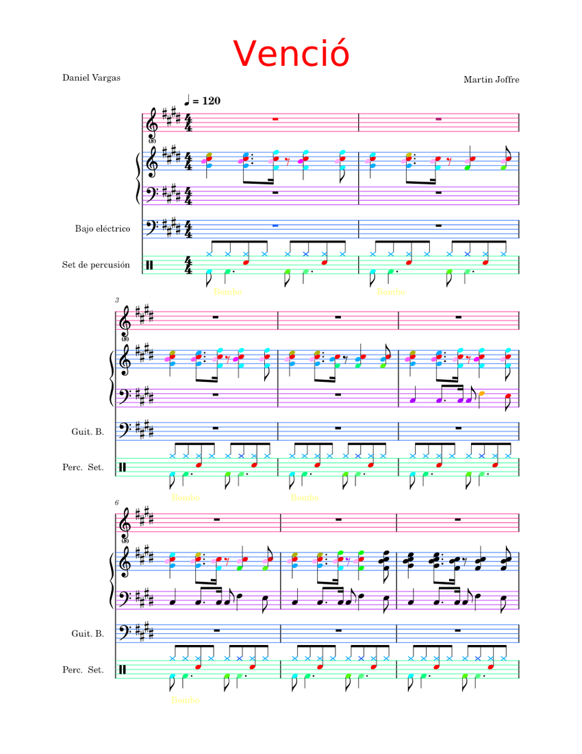 Venció. Bajo. Sheet music for Piano, Vocals, Bass guitar, Drum group ...