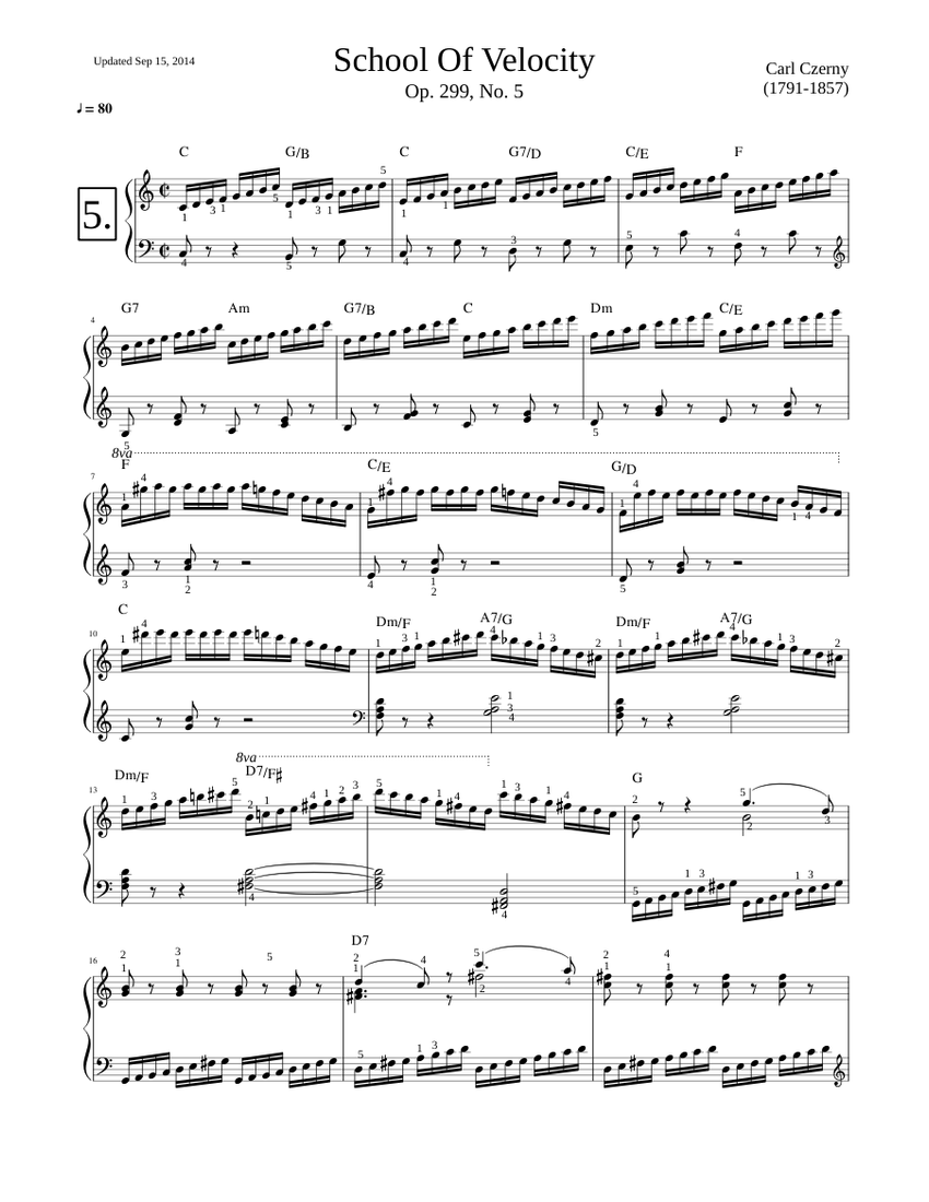 Czerny - The School of Velocity (Op.299) - no. 5 Sheet Music for Piano ...