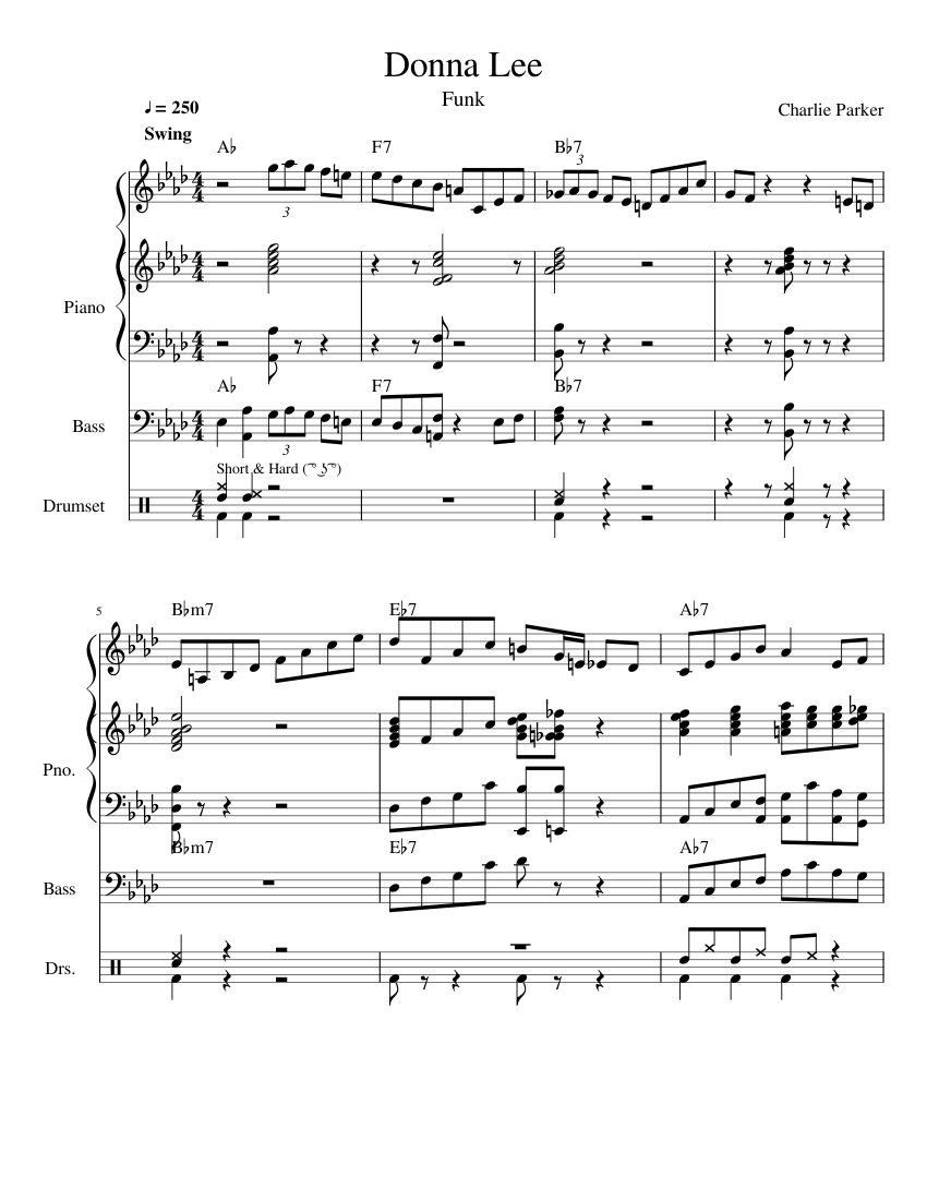 Donna_Lee Sheet music for Piano, Bass guitar, Drum group (Mixed Quartet ...