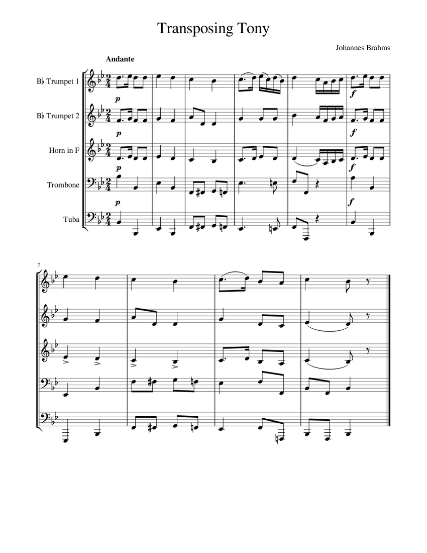 Transposing Tony Sheet Music for Trombone, Tuba, Trumpet in b-flat ...