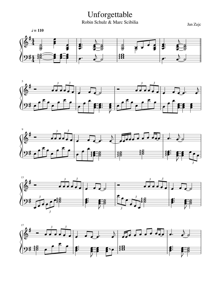 ROBIN SCHULZ & MARC SCIBILIA - UNFORGETTABLE Sheet music for Piano ...