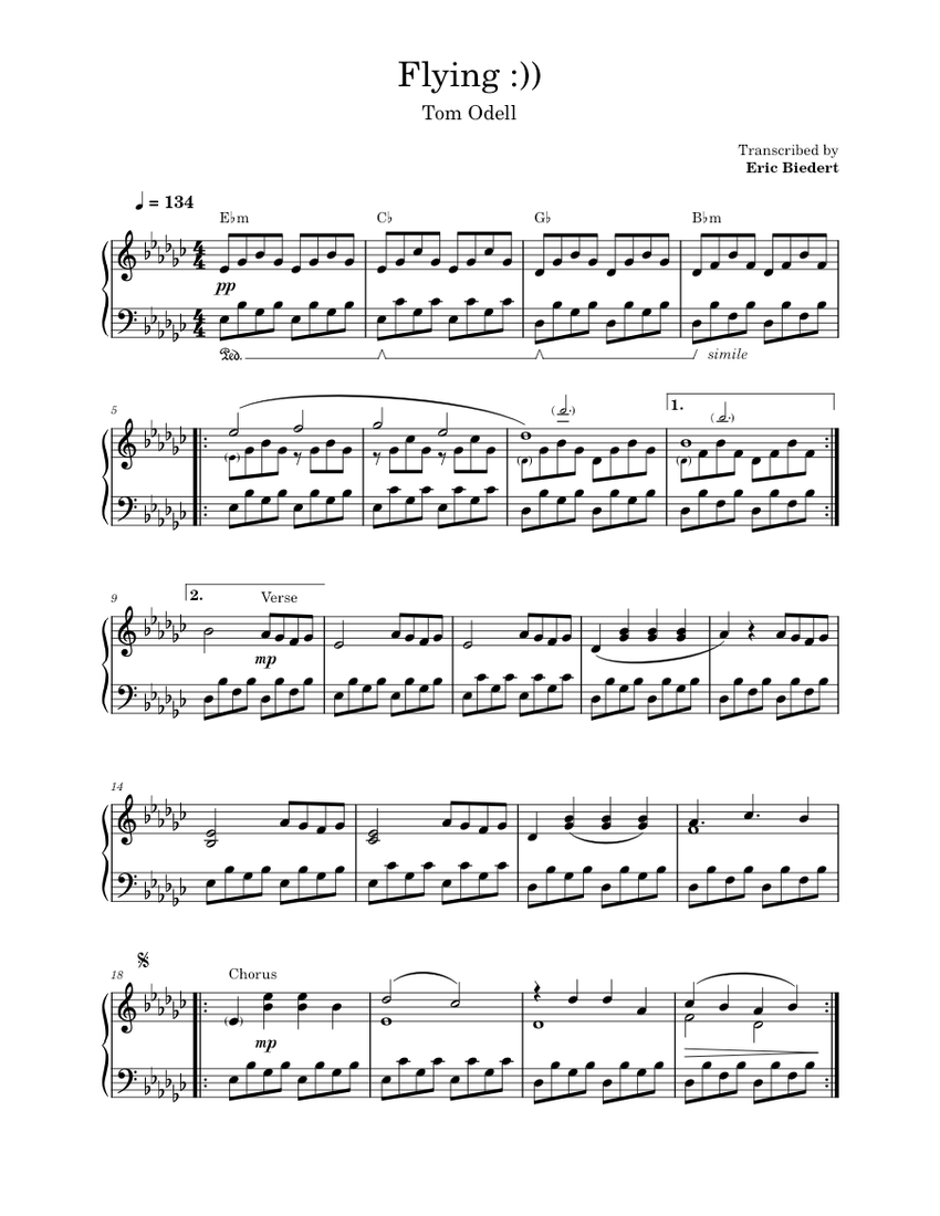 Flying :)) – Tom Odell Sheet Music with Chords for Piano (Solo) easy | MuseScore.com