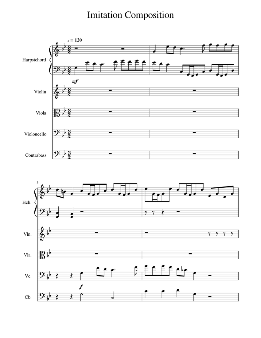 Imitation Composition Sheet music for Harpsichord, Contrabass, Violin ...