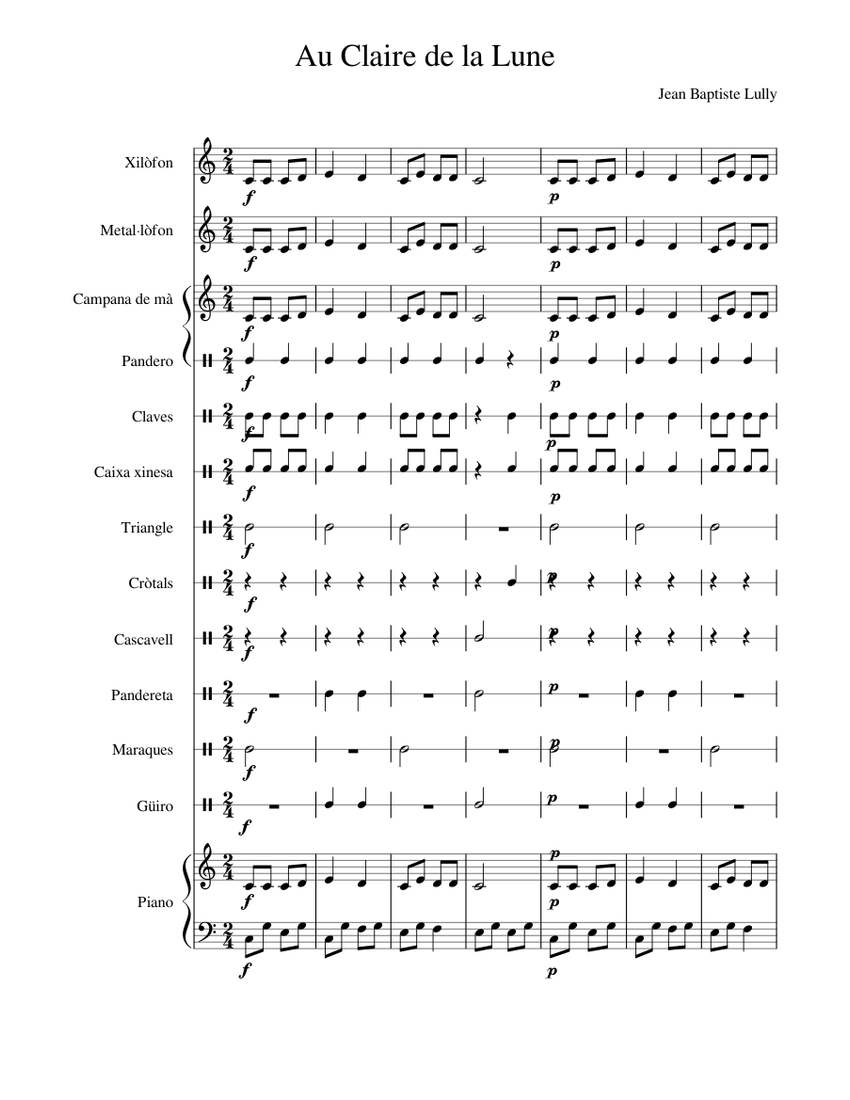 Au Claire de la Lune Sheet music for Piano, Tambourine, Xylophone ...