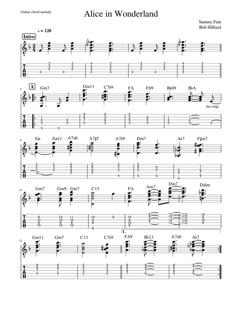 Alice In Wonderland (guitar chord melody) Sheet music for Guitar (Solo ...