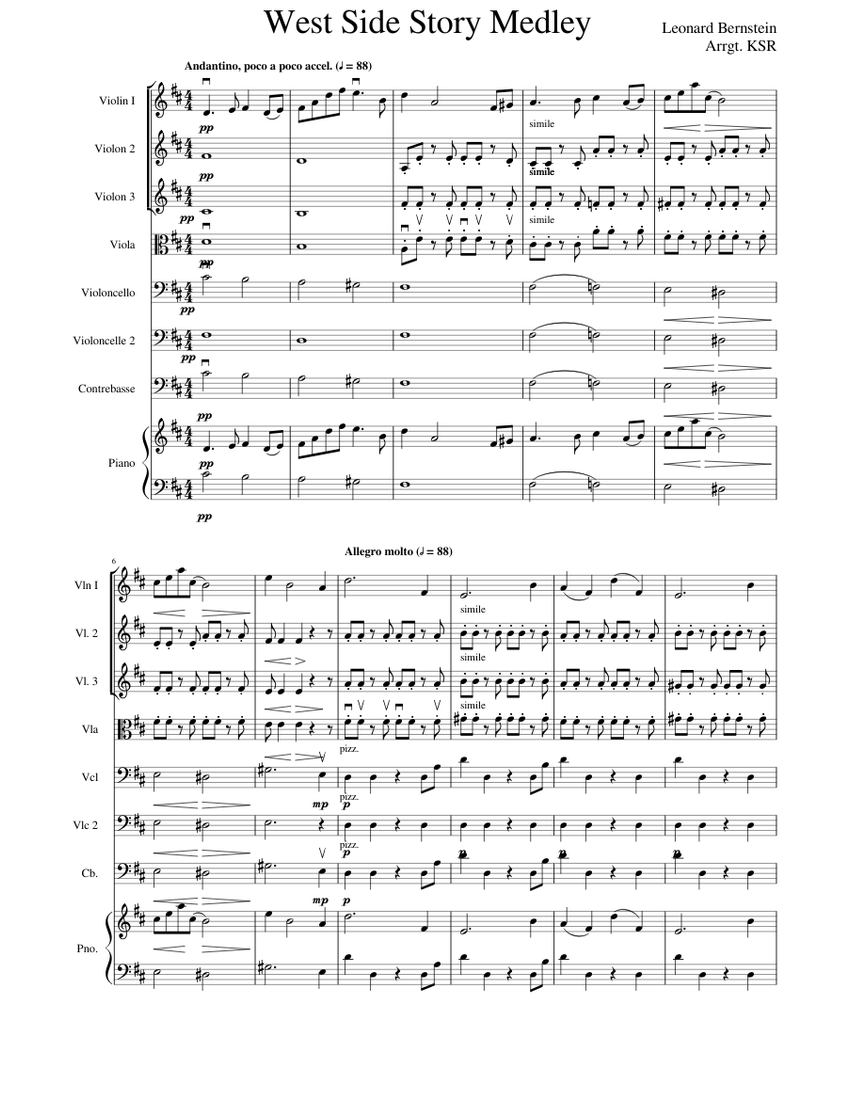 West Side Story Medley Bernstein Sheet Music for Piano, Contrabass, Violin, Viola & more ...