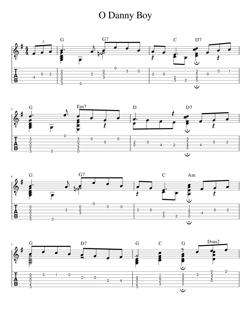 O Danny Boy Sheet Music and Tab with Chords for Guitar (Solo ...