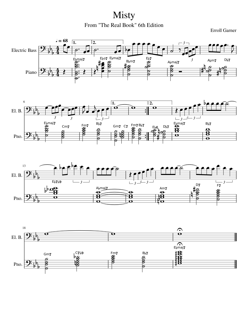 Jazz Standards: Misty Sheet music for Piano, Bass guitar (Mixed Duet ...